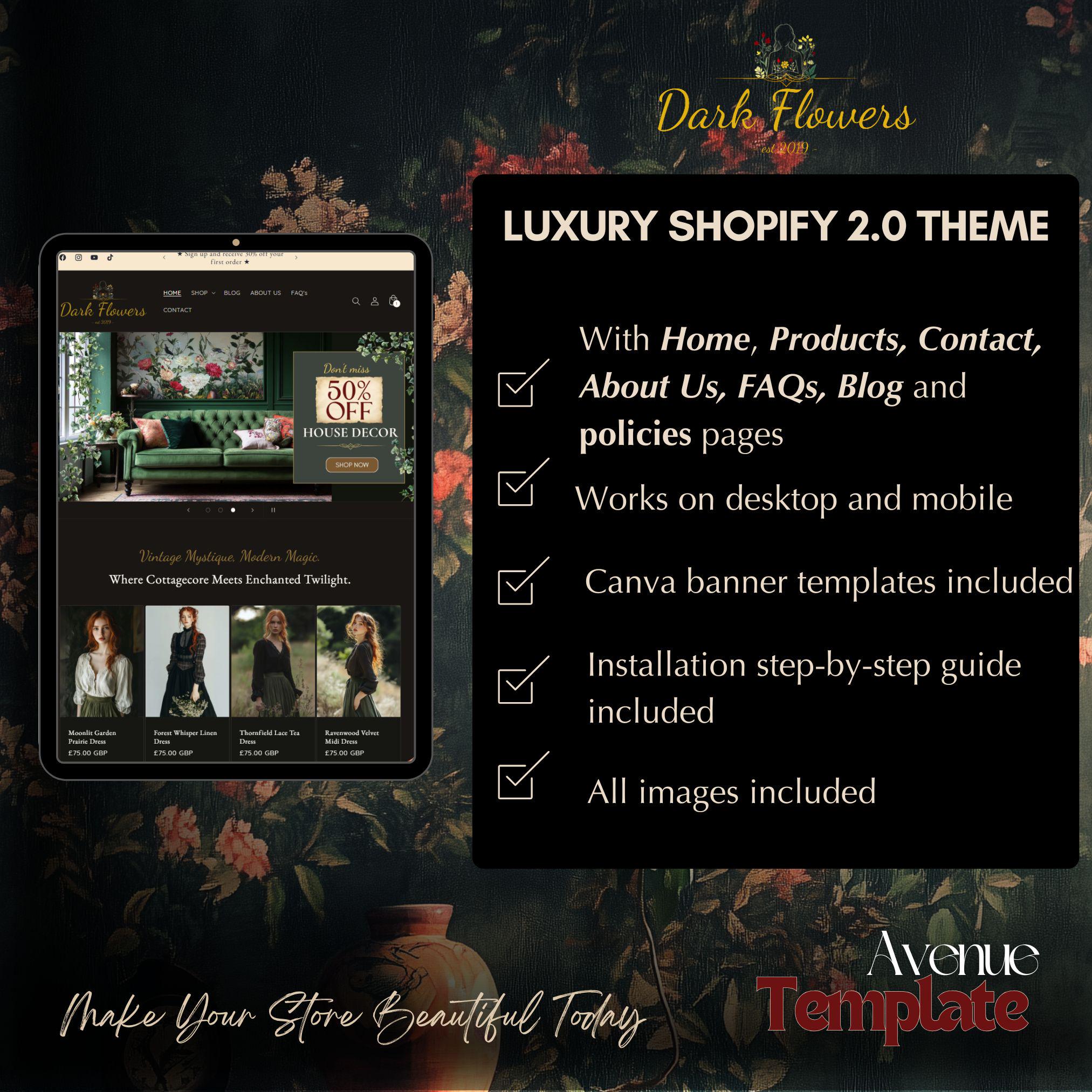 Dark Cottagecore Shopify Theme, Black Shopify Theme, Dark Shopify ...