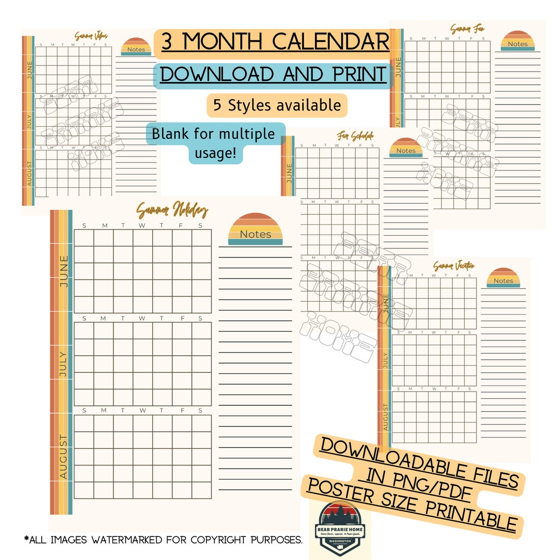 PRINTABLE, Summer Holiday Calendar, Blank for Multiple Usage, Instant ...