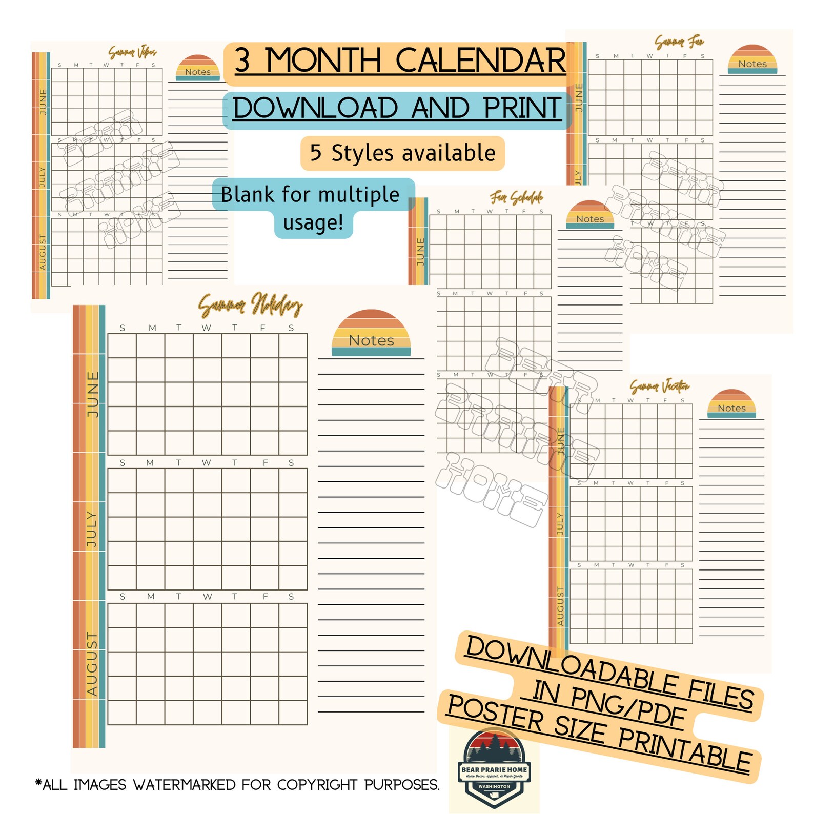 PRINTABLE, Summer Holiday Calendar, Blank for Multiple Usage, Instant ...