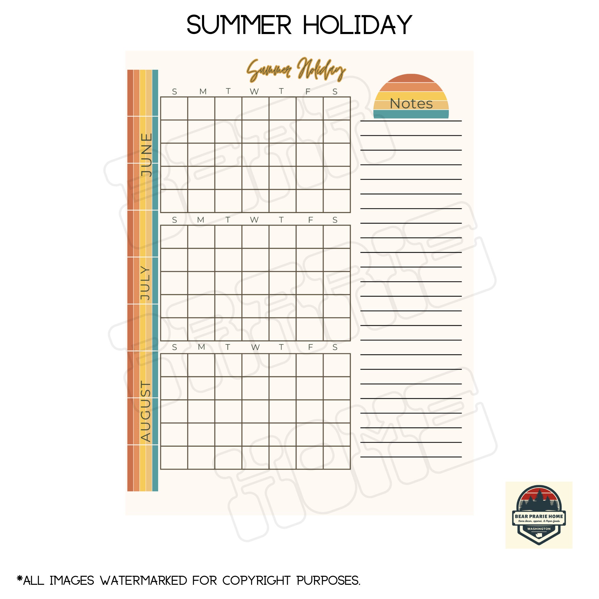 Printable Summer Holiday Calendar, Blank 3-month Poster (PNG, PDF) - Etsy