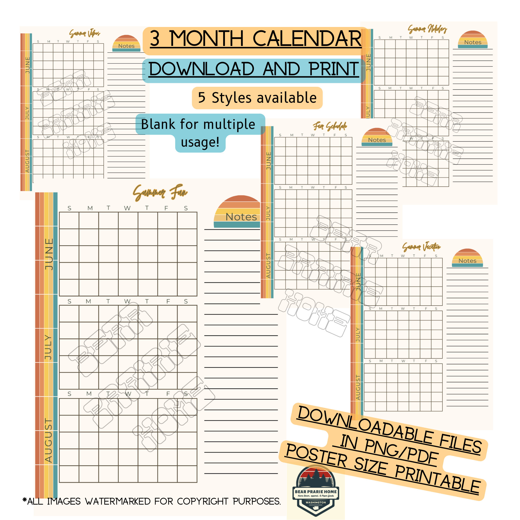 PRINTABLE, Summer Calendar, Blank for Multiple Usage, Instant Download ...