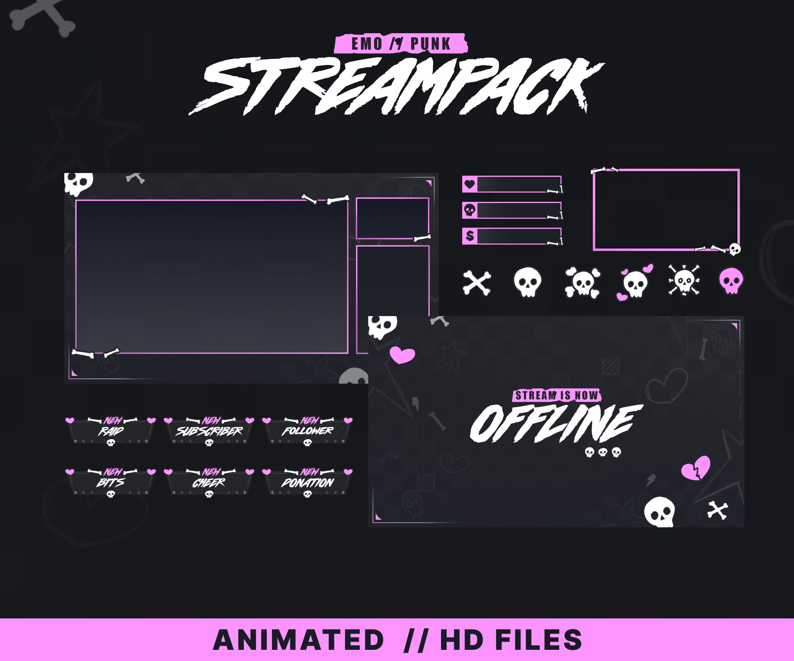 ANIMATED STREAM PACKAGE Emo Punk Minimalist Black Pink Twitch // Obs Screens, Alerts, Transition ...