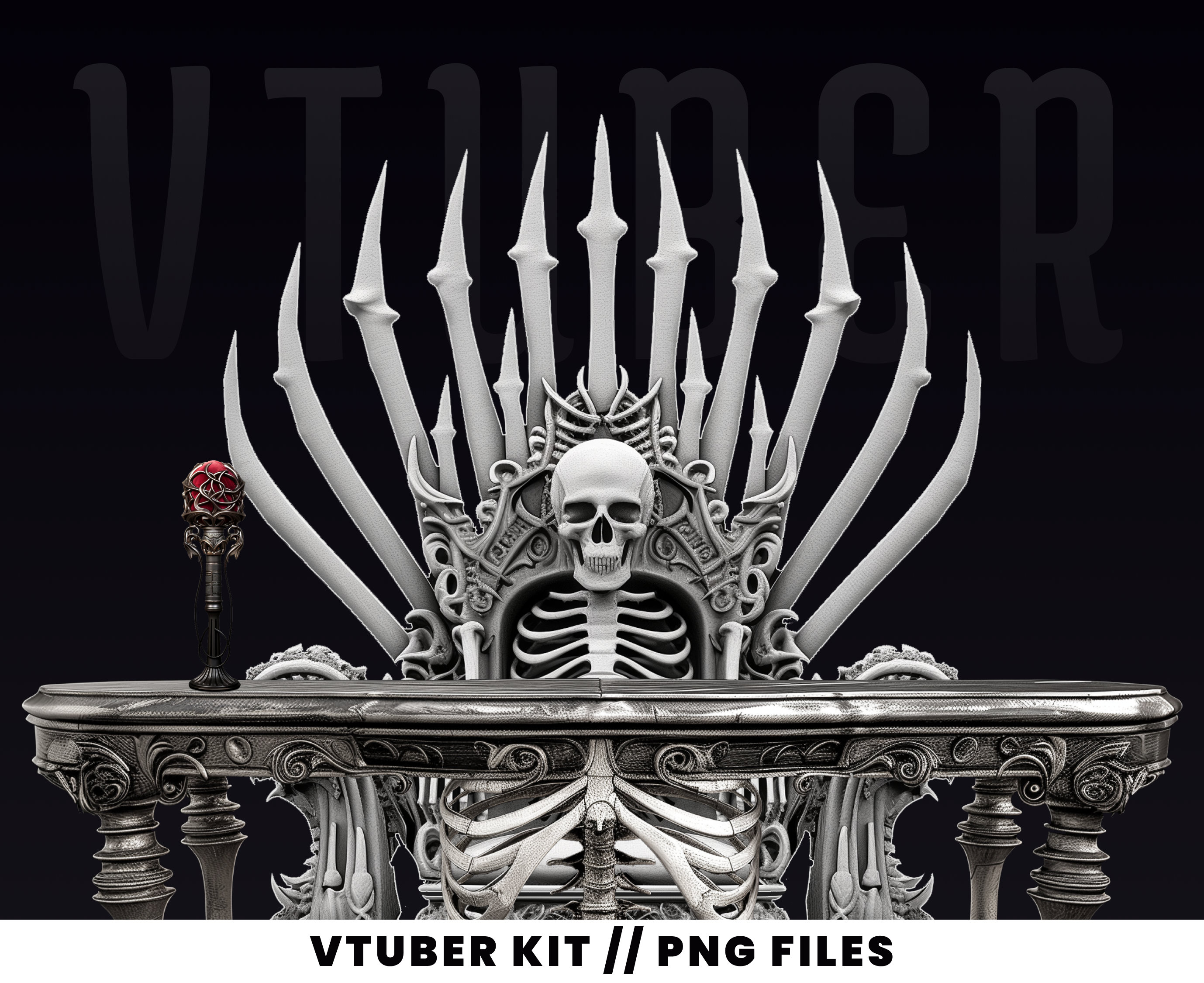 VTUBER KIT Bones Skull Theme Thrones , Tables and Microphone Black and ...