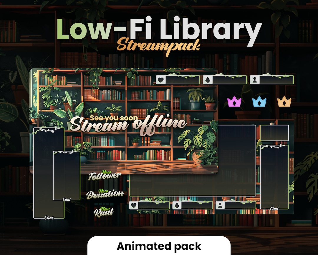 Low-fi Library Overlays Kit - Twitch Stream Package - Animated Wooden Library With Plants ...