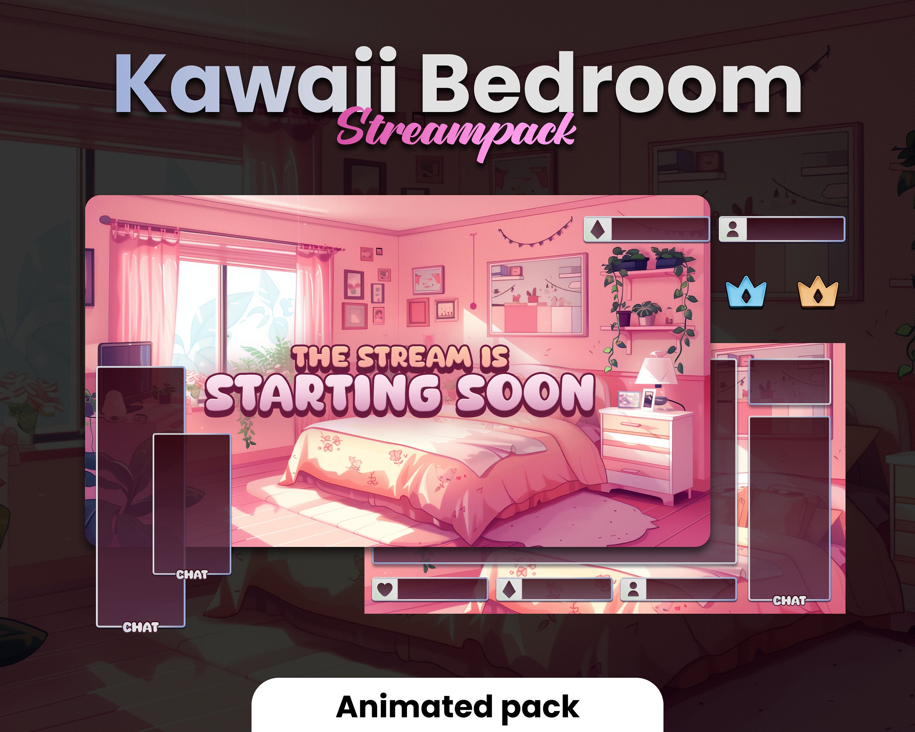 KAWAII OVERLAYS KIT Twitch Stream Package Cute Pink Low-fi Bedroom ...