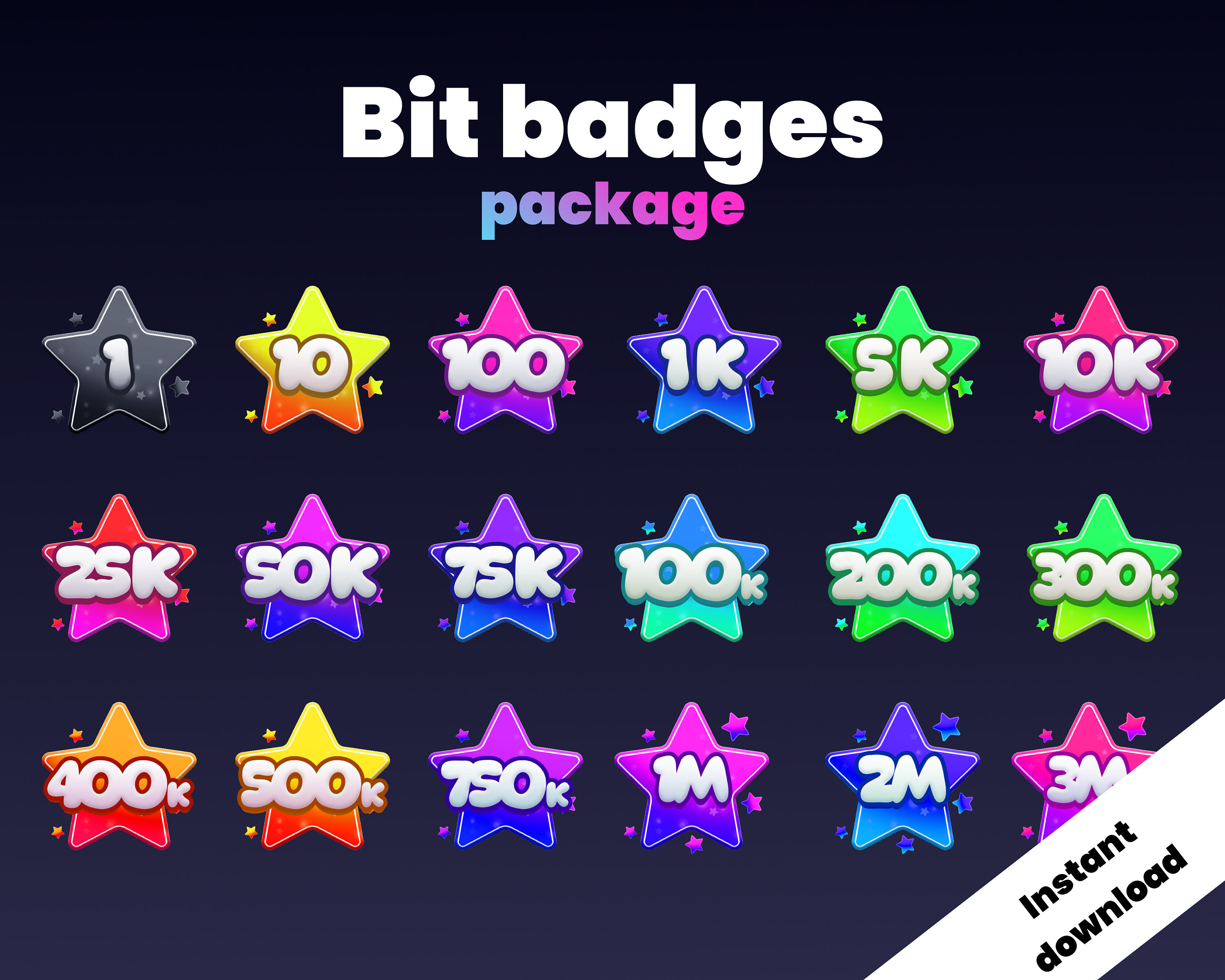 FULL SET Colorful Stars Bit Badges | Twitch Bit Badges | Twitch Sub ...