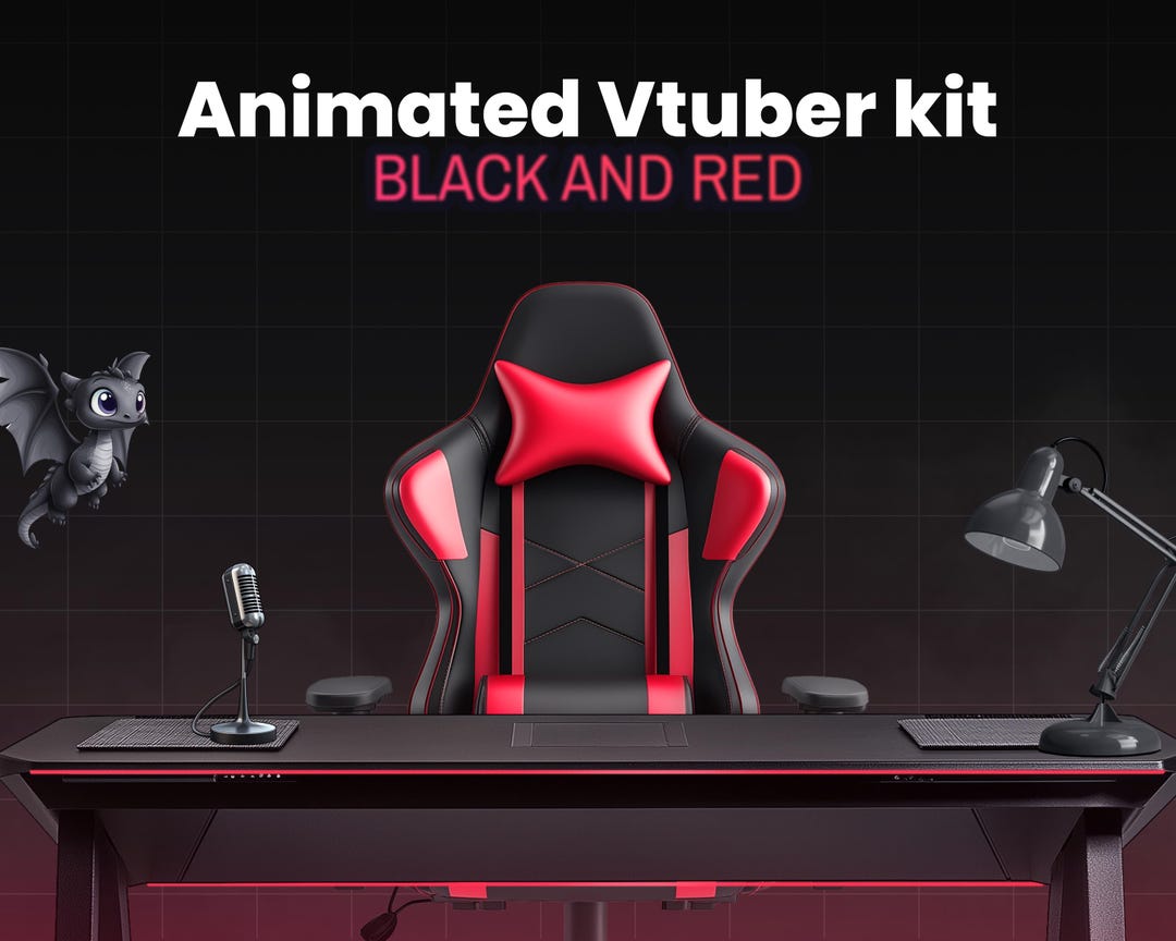 VTUBER KIT - Black and Red // Animated and Static // Chairs, Desk, Mics ...