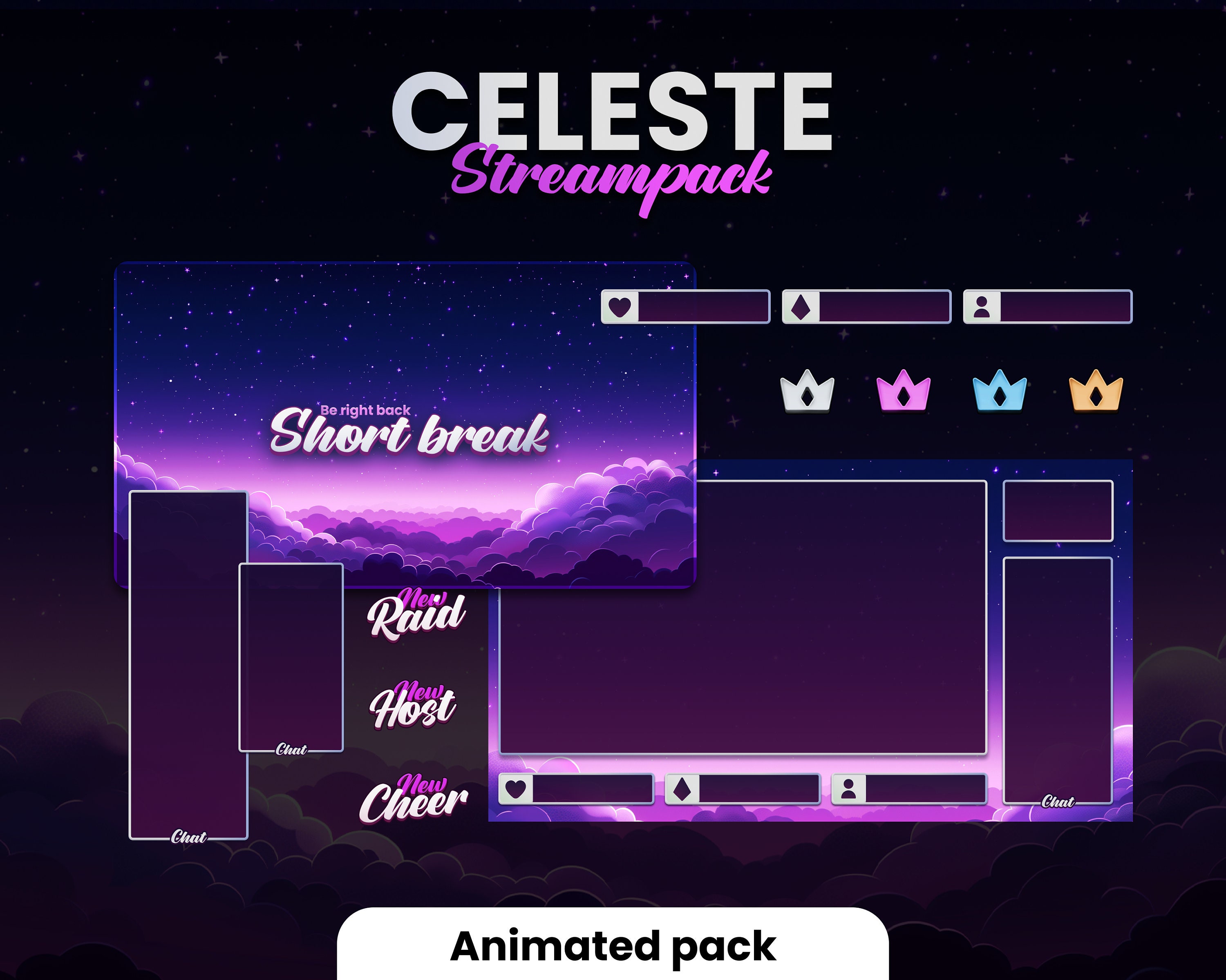 CELESTE TWITCH OVERLAYS Animated Low-fi Stars Stream Package Purple and Blue Twitch and Obs ...