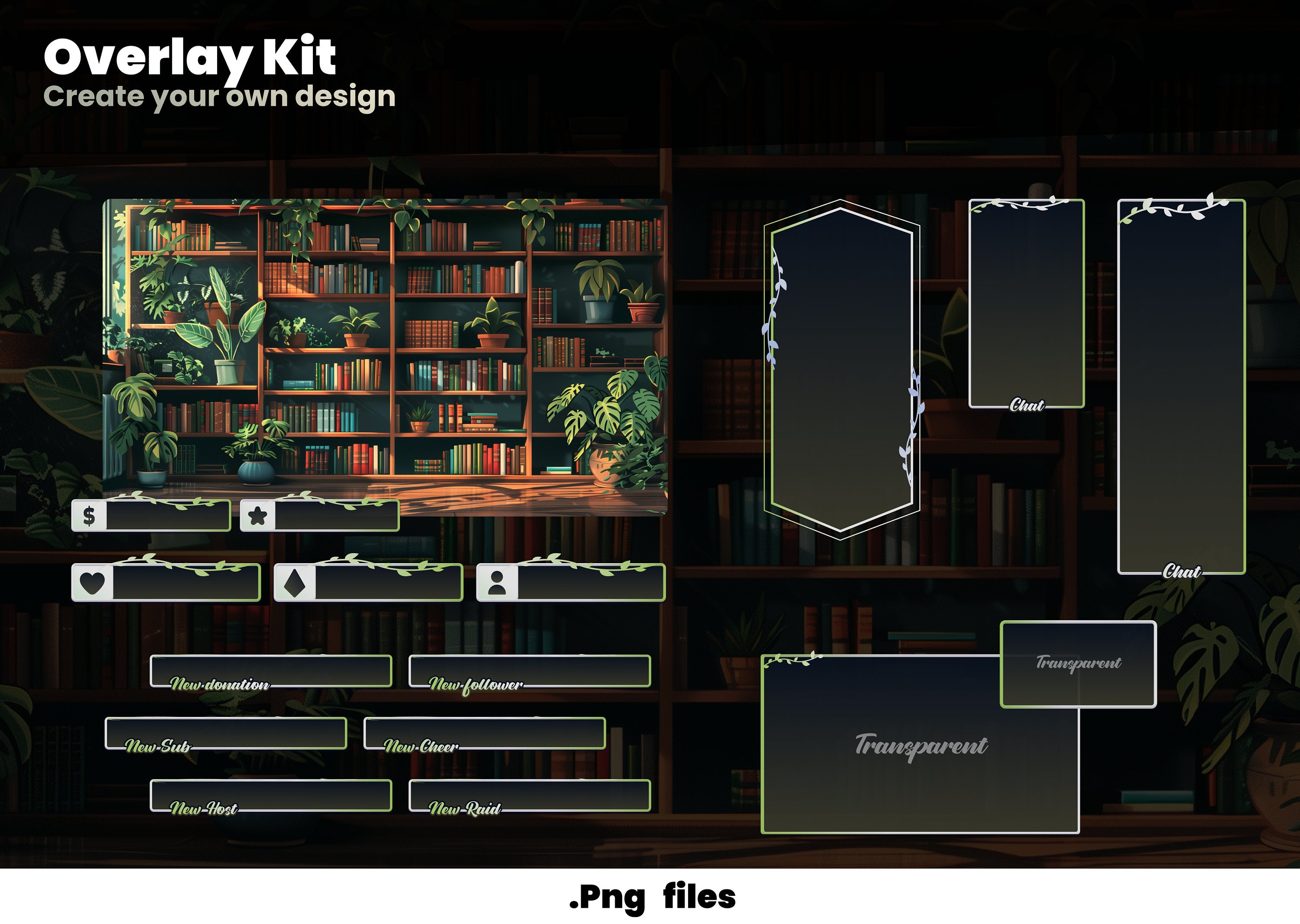 Low-fi Library Overlays Kit Twitch Stream Package Animated Wooden Library With Plants Green and ...