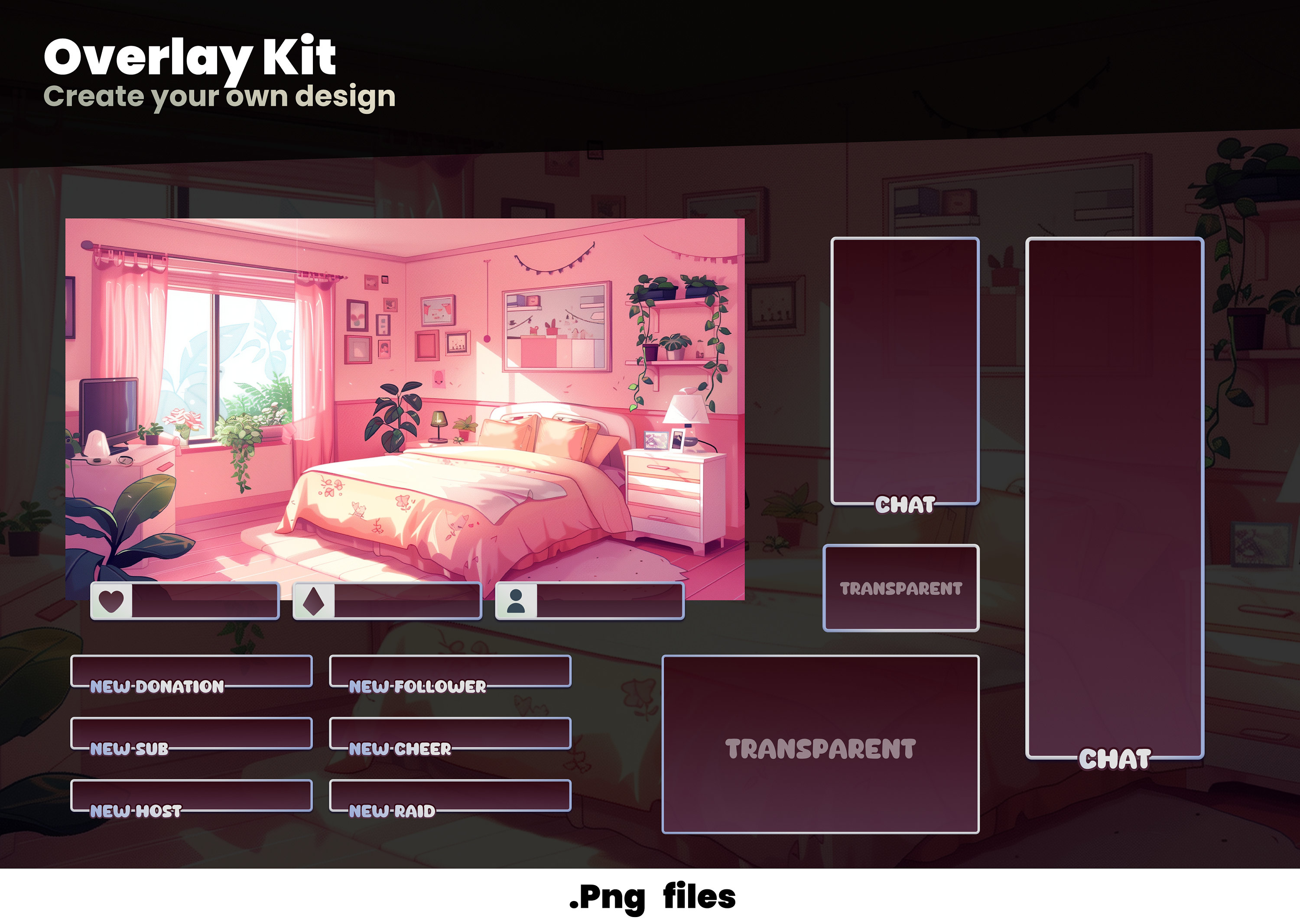 KAWAII OVERLAYS KIT Twitch Stream Package Cute Pink Low-fi Bedroom Animated Kit Screens ...