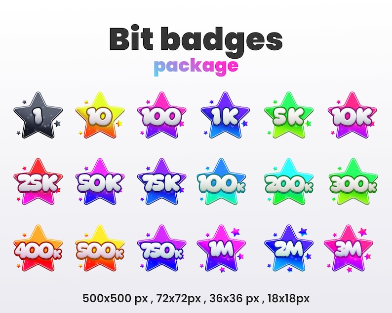 FULL SET Colorful Stars Bit Badges | Twitch Bit Badges | Twitch Sub ...