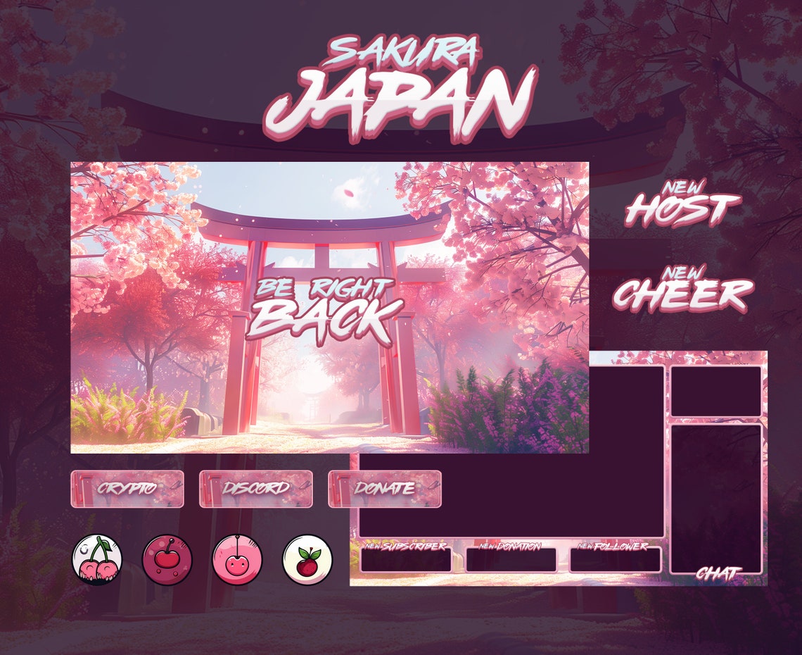 PINK SAKURA JAPAN Stream Pack Twitch Overlays Japan Theme Badges ...