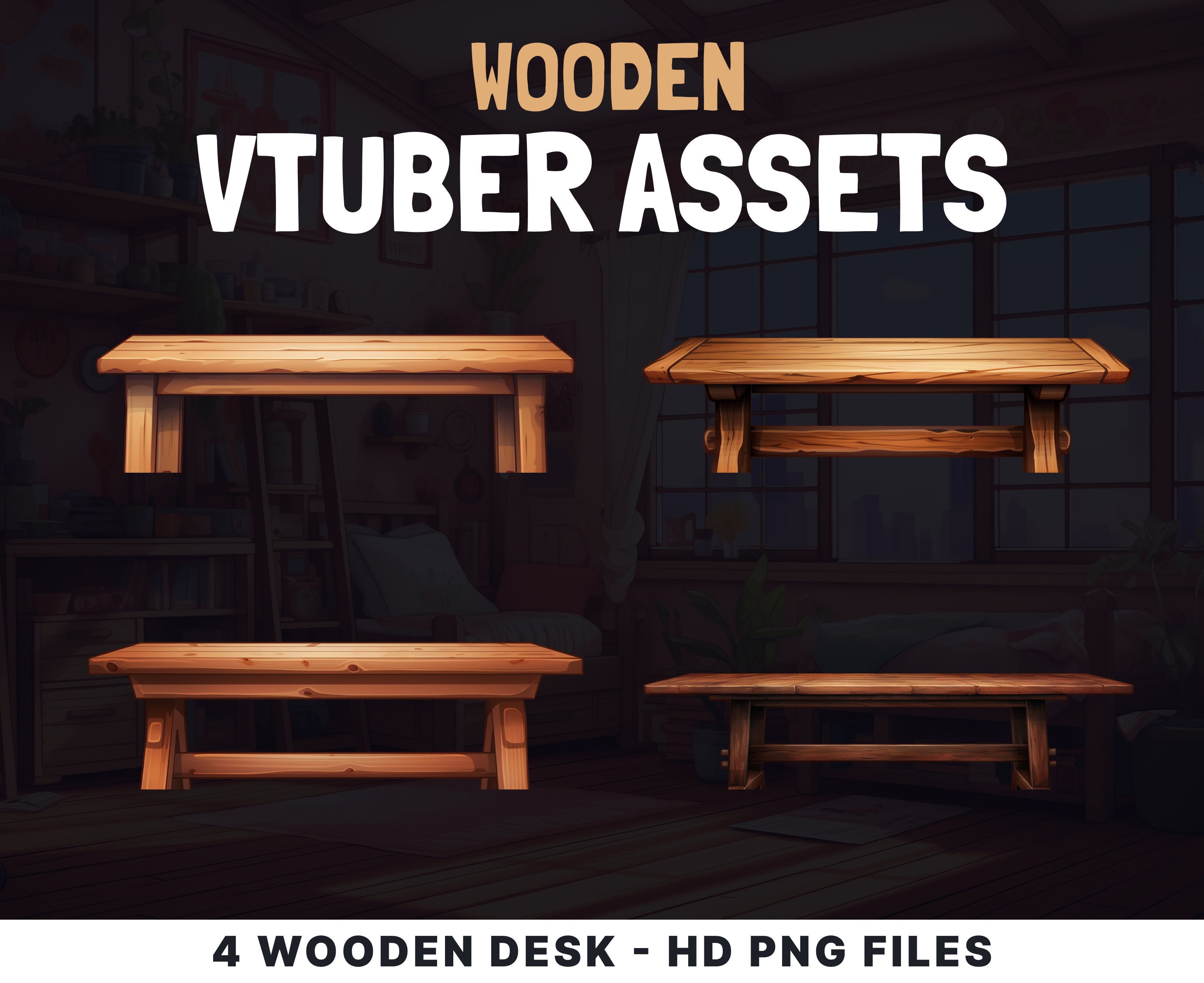 VTUBER Wooden Table Desk VTUBER KIT Brown Illustrated Stream Decoration ...