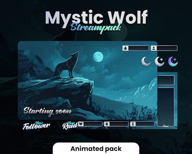 MYSTIC WOLF STREAMPACK Twitch Night Overlays Kit Animated Package Wolf ...