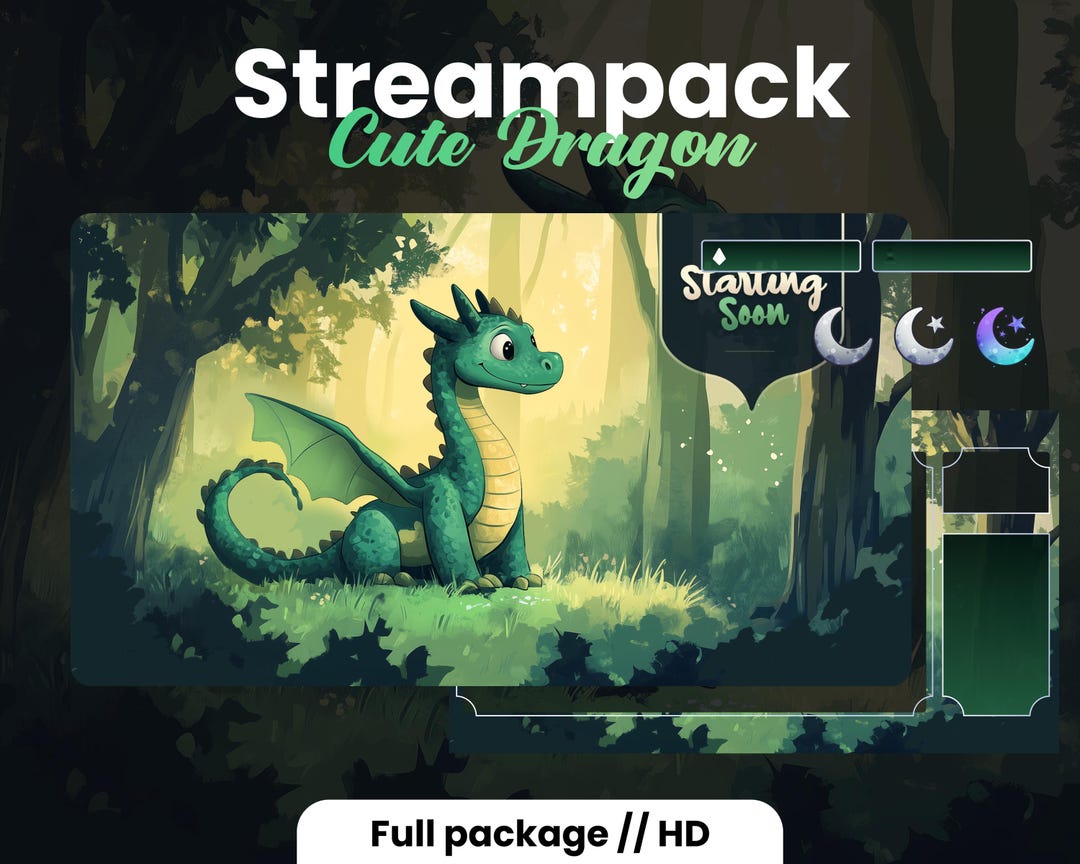 Cute Dragon Overlay Pack | Twitch Dragon Stream Package | Green Forest ...