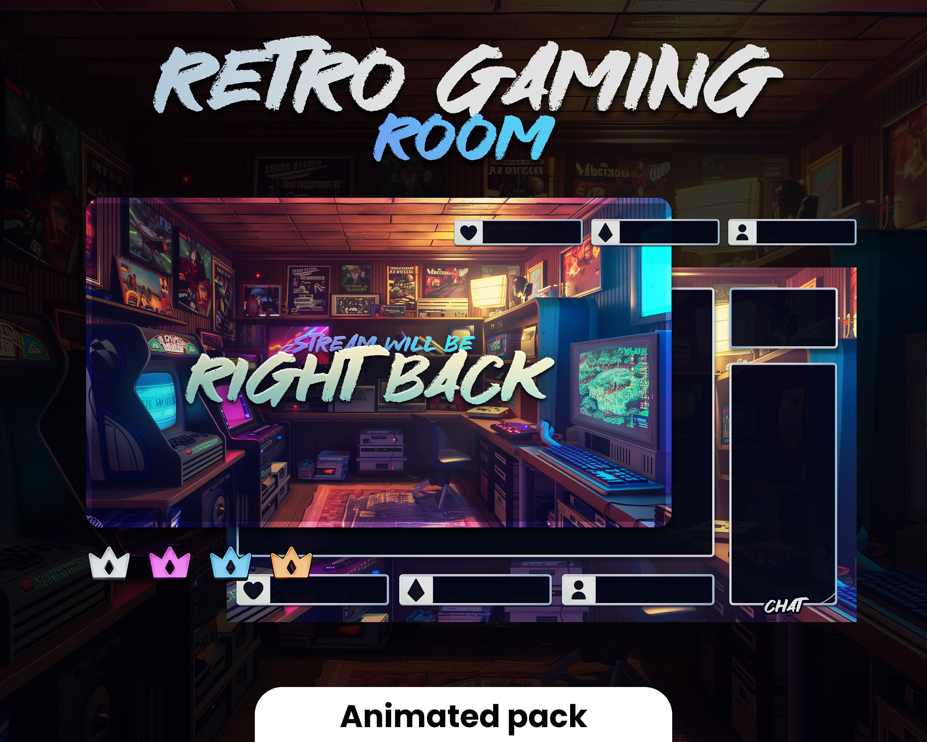 RETRO GAMING ROOM Streampack Twitch Retro Overlays Blue and Red ...