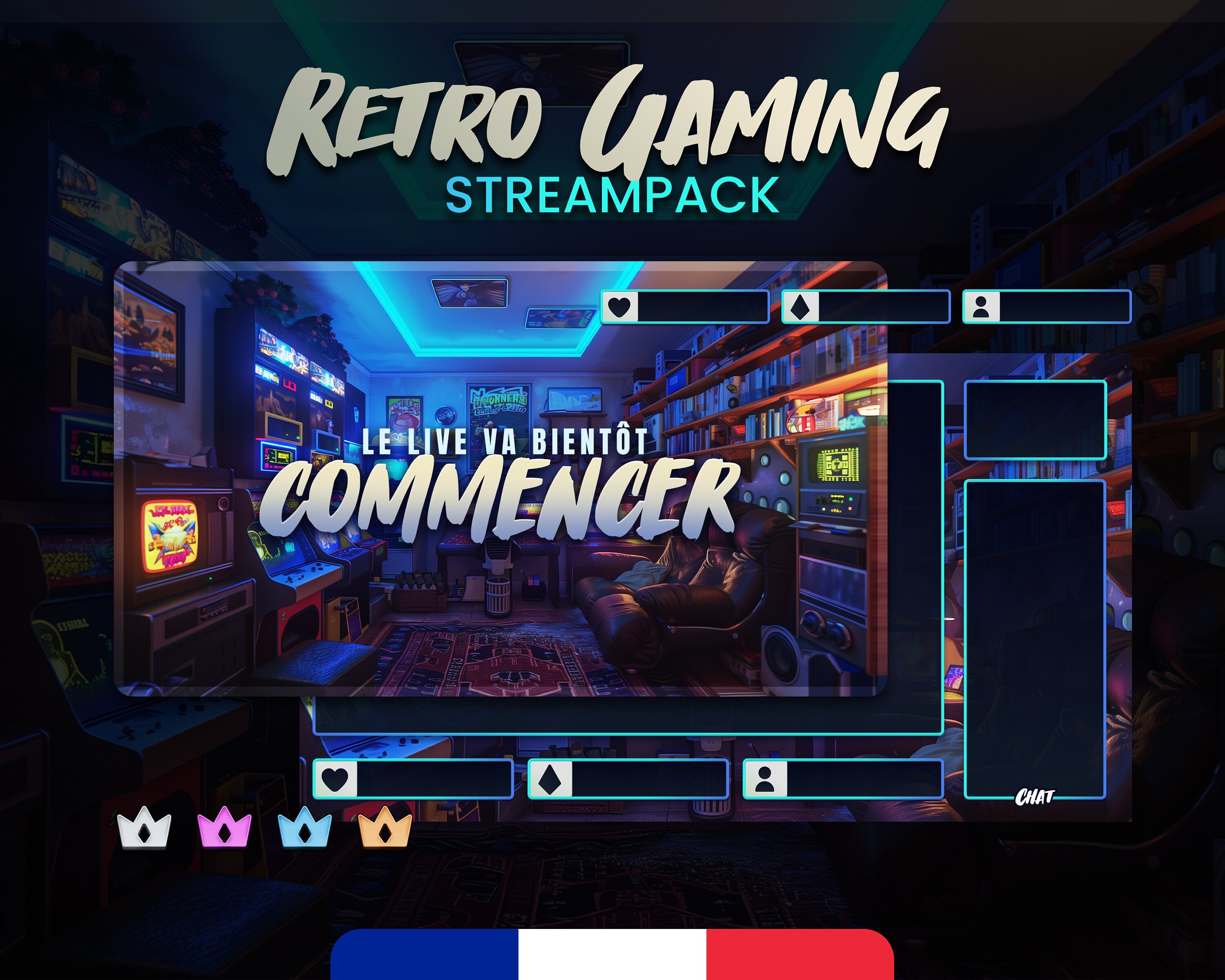 RETRO GAMING Streampack FR Overlays Kit En Français Low-fi Animé Blue ...