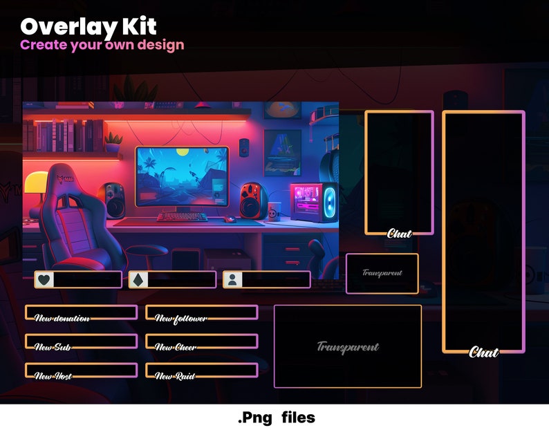 GAMING SETUP Twitch Overlays Kit Animated Streampack Low-fi Néon Room ...