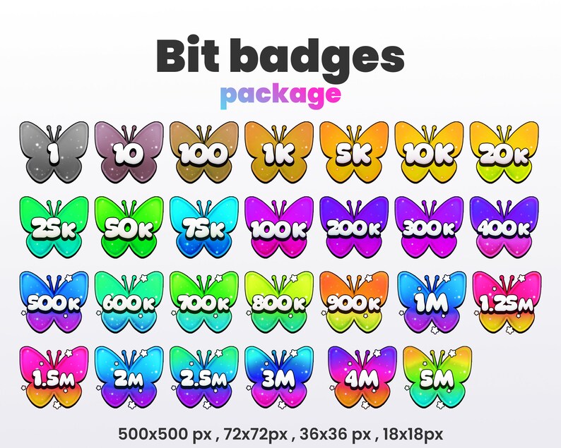 FULL SET Colorful Butterlfy Bit Badges Twitch Bit Badges Twitch Sub ...
