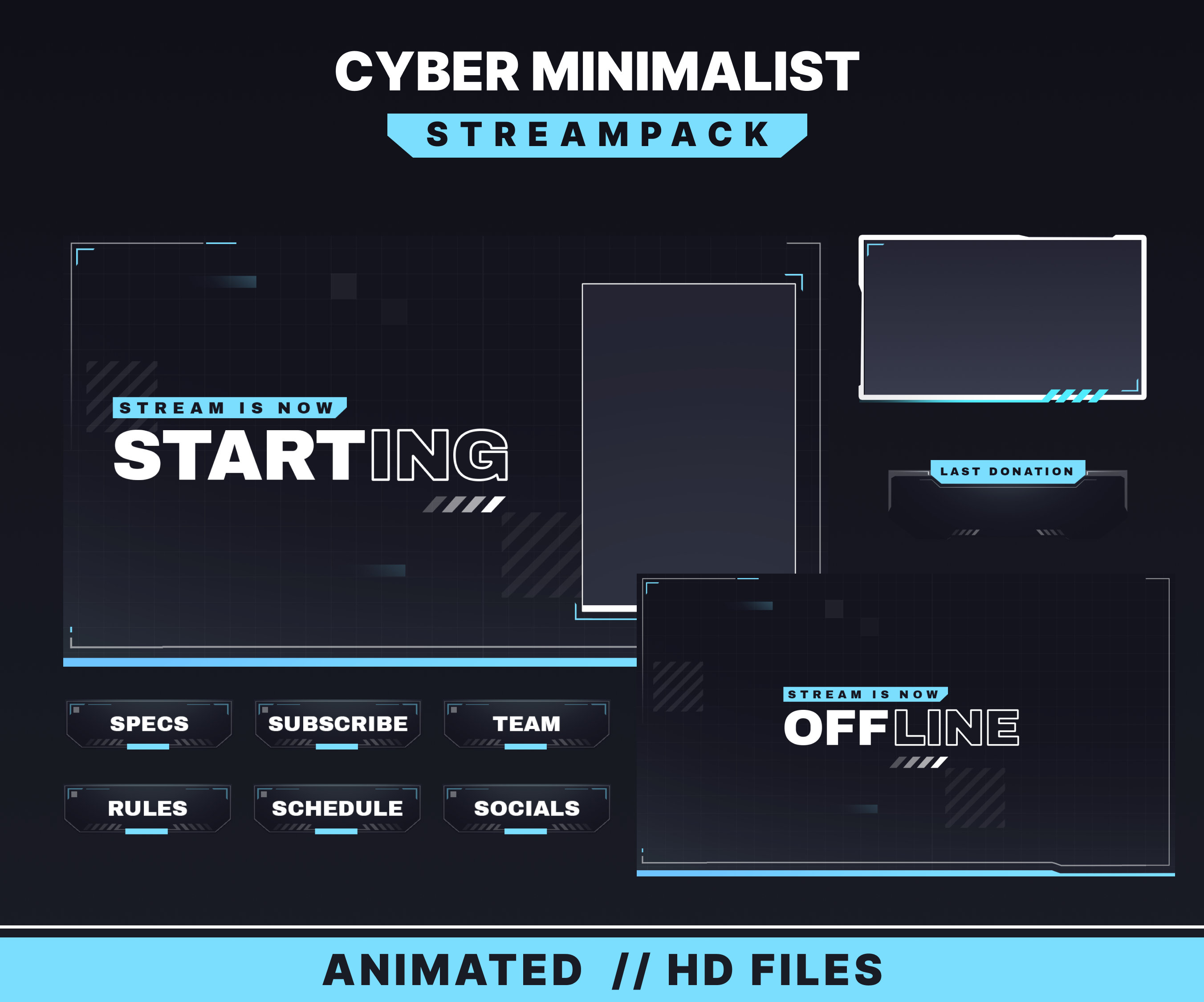 ANIMATED STREAM OVERLAY Cyber Minimalist Black Blue Twitch and Obs ...