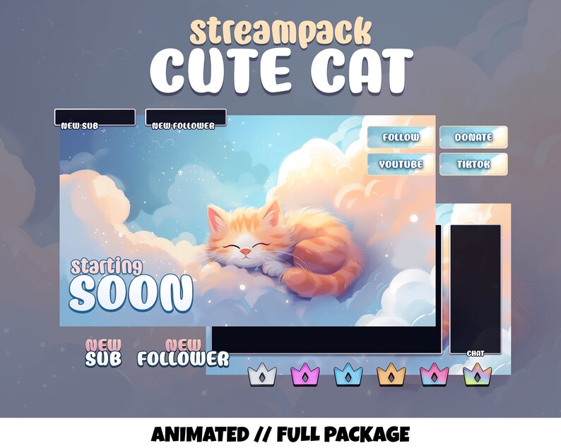 CUTE CAT ANIMATED Overlays Kit Low-fi Stream Package Sleeping Cat ...