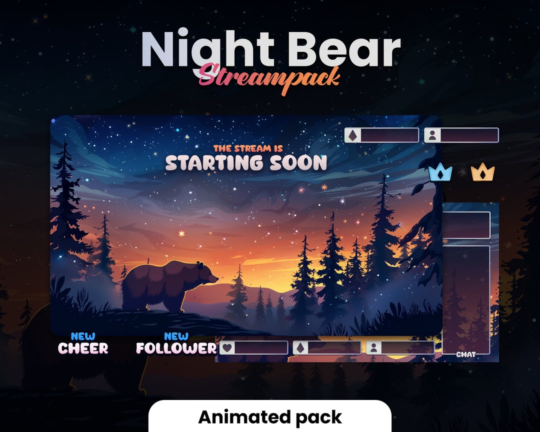 NIGHT BEAR OVERLAYS Kit - Twitch Stream Package - Illustrated Bear With a Low-fi Midnight Forest ...
