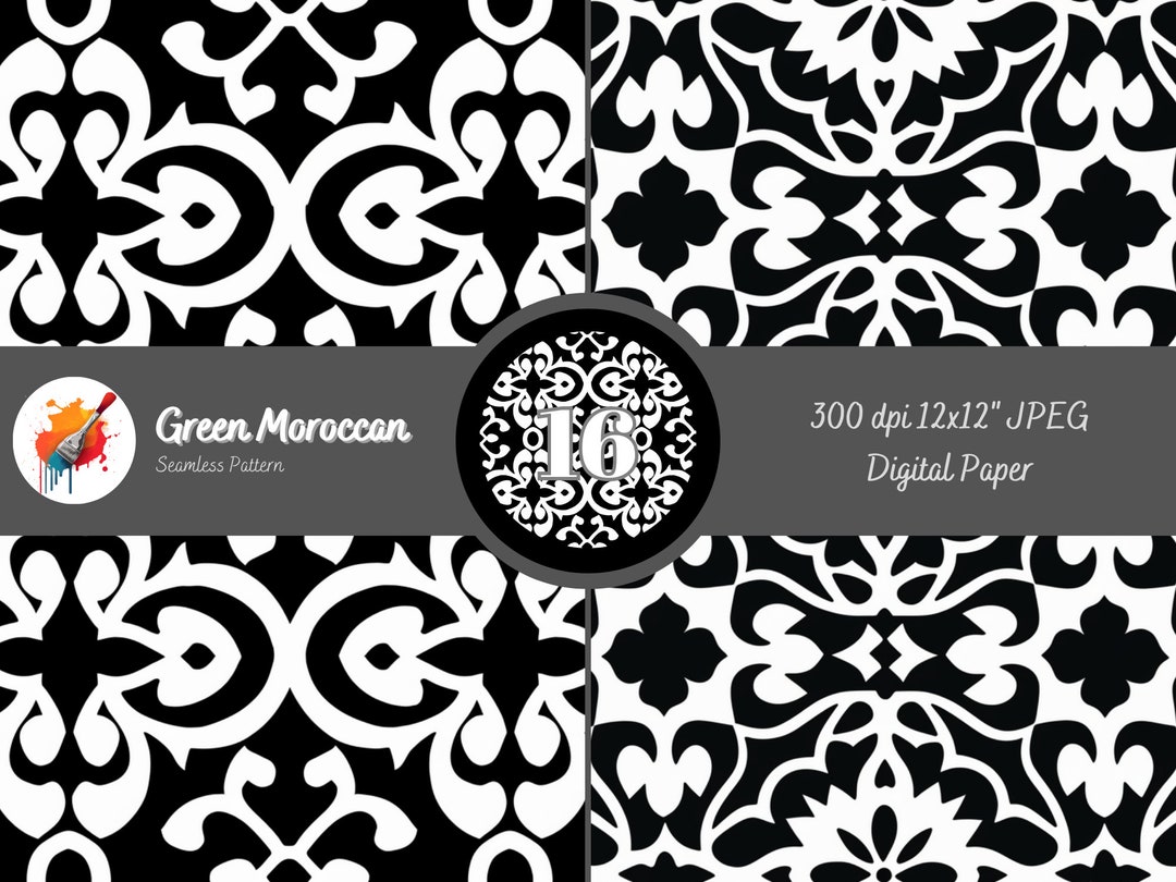 16 Black & White Moroccan Tiles II, Digital Seamless Paper, Mosaic ...