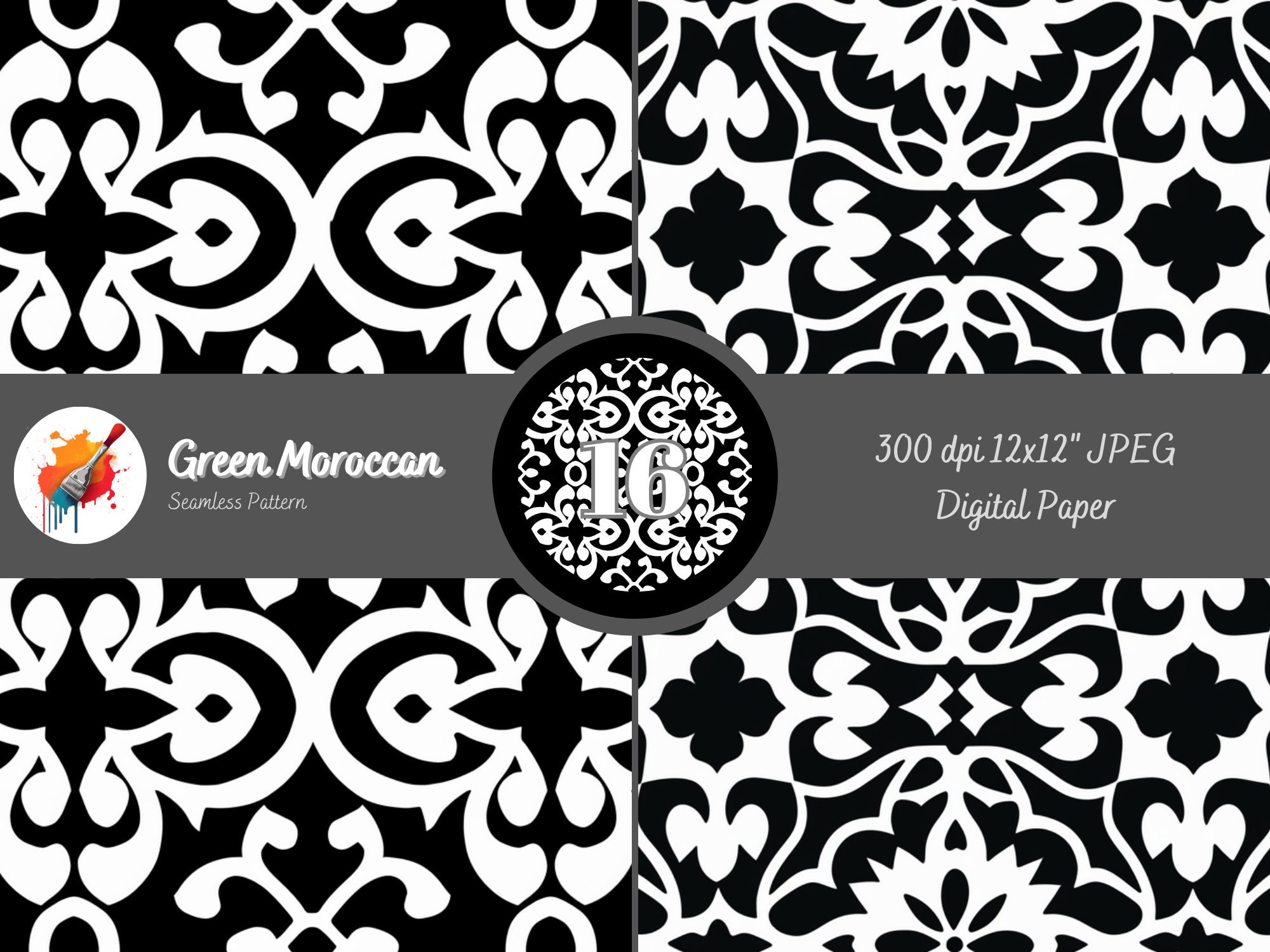 16 Black & White Moroccan Tiles II, Digital Seamless Paper, Mosaic ...