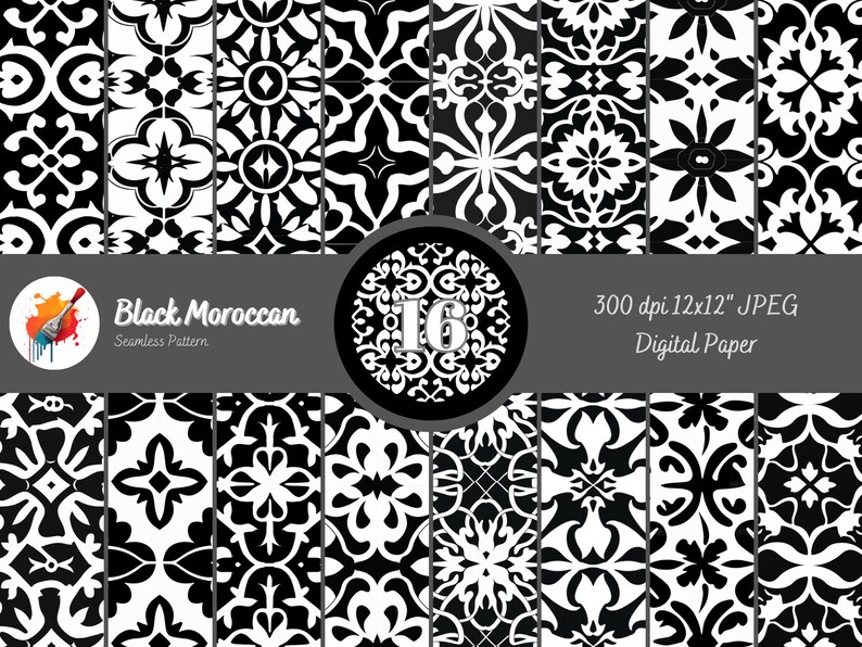 16 Black & White Moroccan Tiles II, Digital Seamless Paper, Mosaic ...