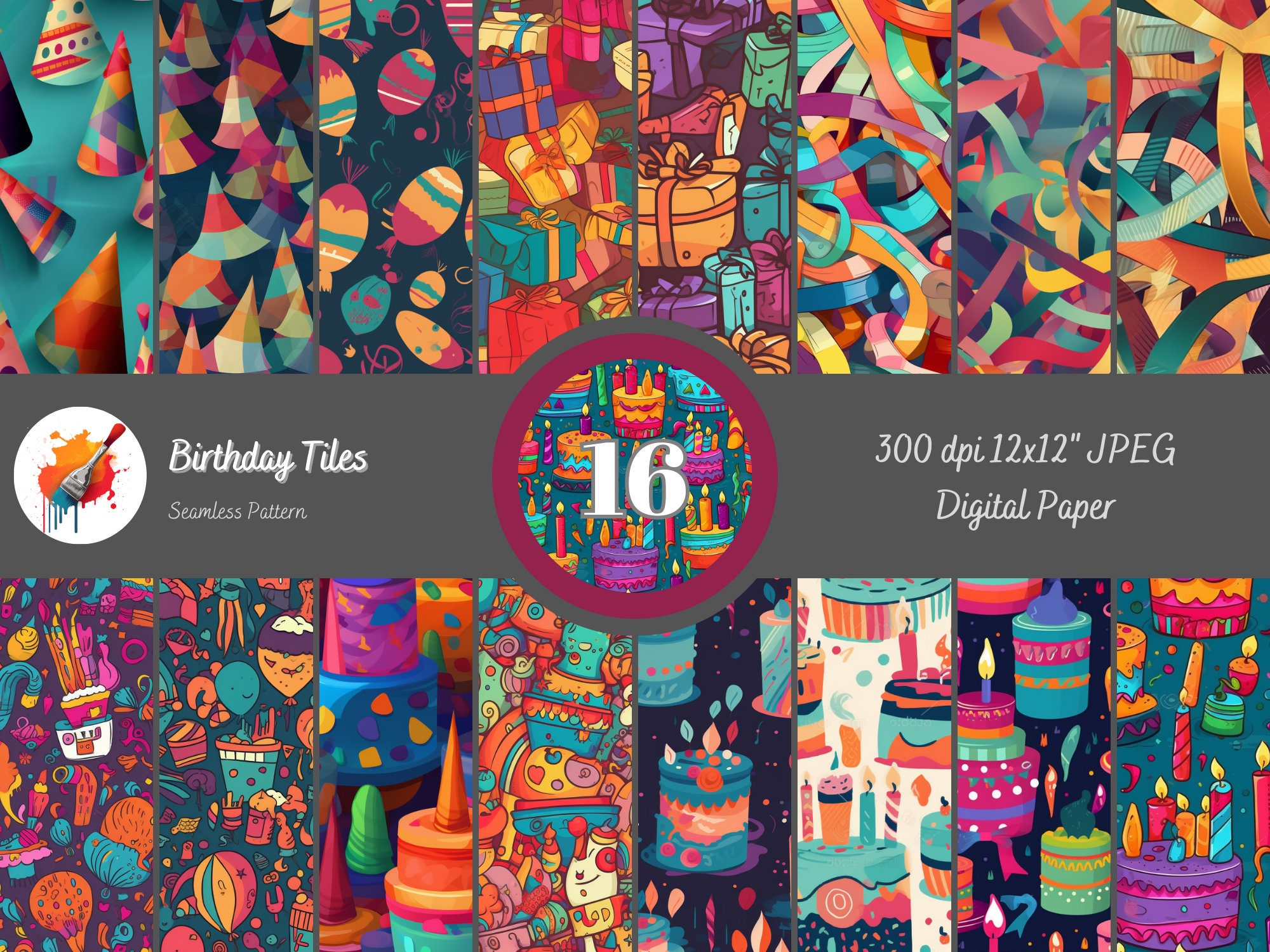 Birthday Tiles, Digital Seamless Paper, Scrapbook Paper in Natural ...