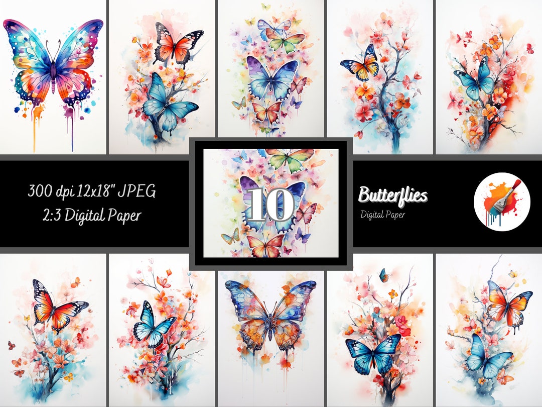 10 Watercolor Butterfly Art Digital Prints, Digital Paper, Journal ...