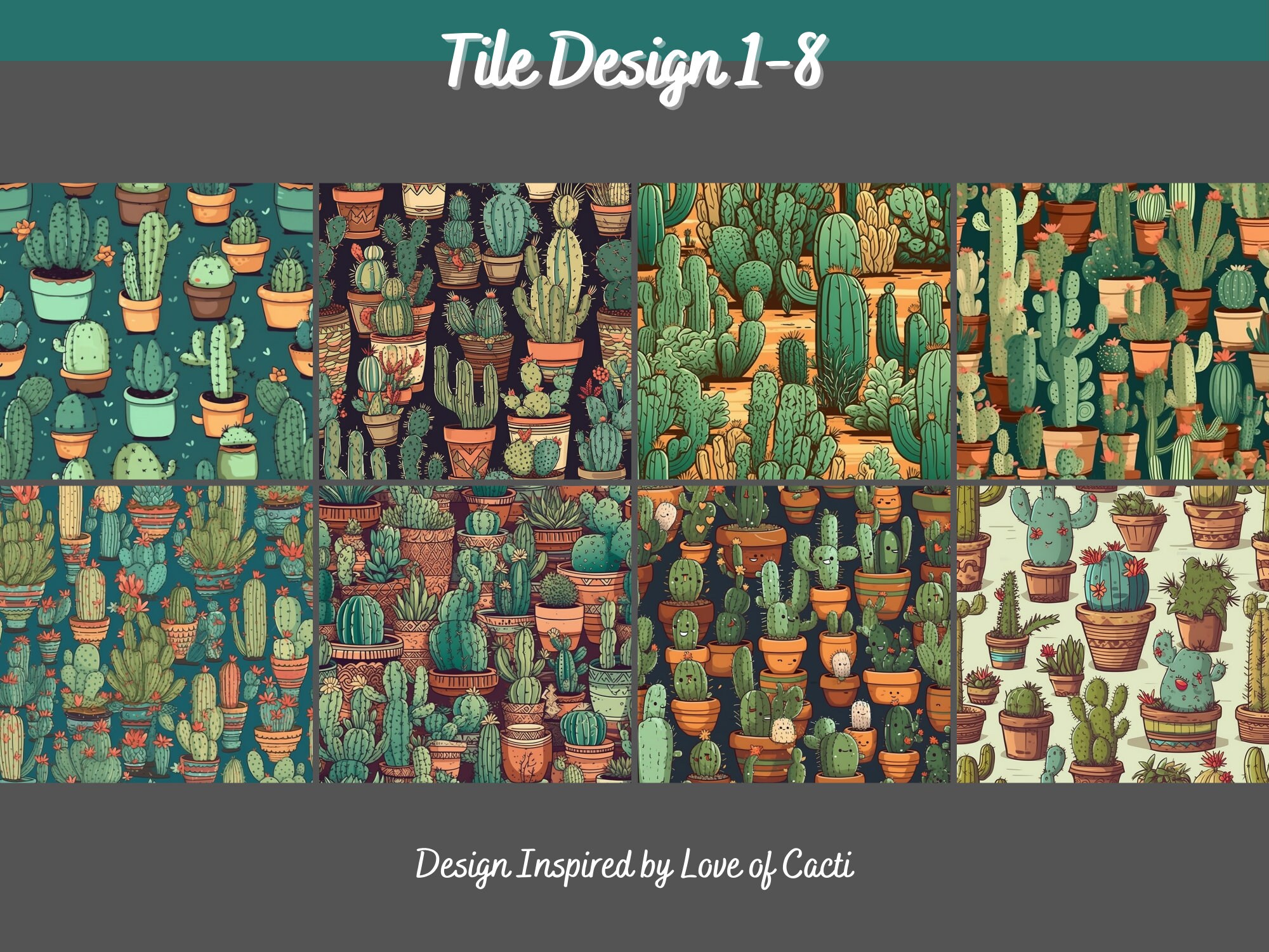 16 Cartoon Cacti Tiles Digital Seamless Cactus Paper Scrapbook Paper ...