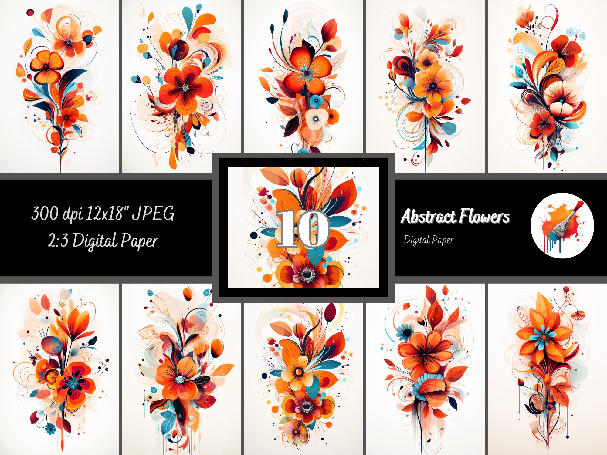 10 Abstract Flower Digital Prints, Digital Paper, Journal Background ...