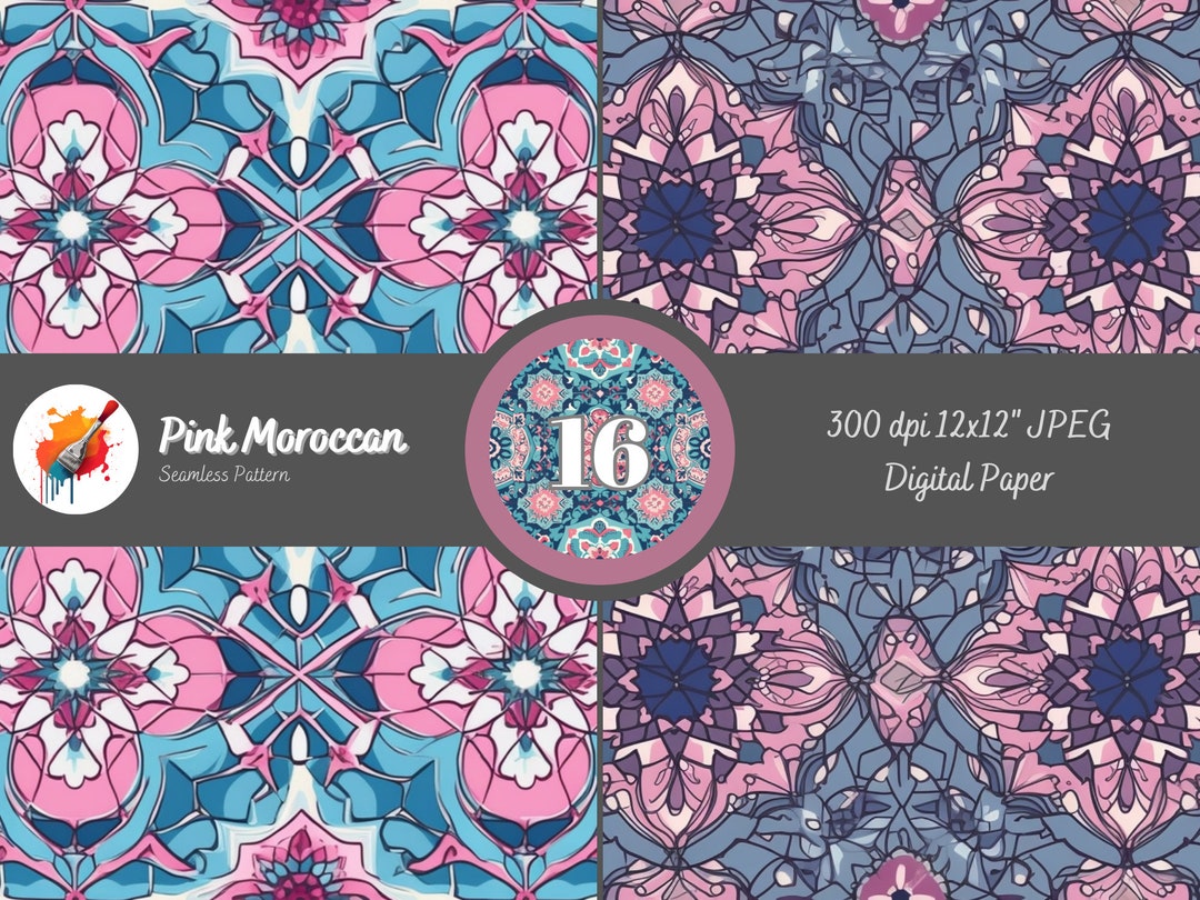 16 Pink Moroccan Tiles II, Digital Seamless Paper, Mosaic Scrapbook ...