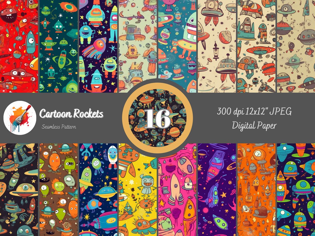 Cartoon Rockets Tiles, Digital Seamless Paper, Scrapbook Paper in ...