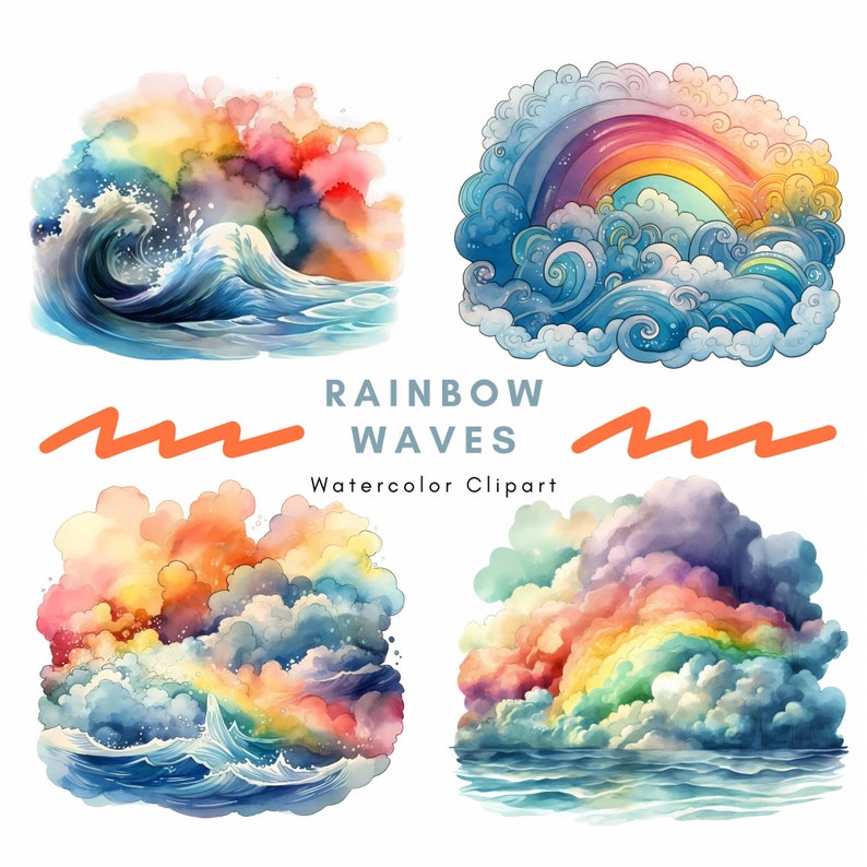 Watercolor Rainbow Waves Clipart Set - 10 High Quality Png's - Digital ...