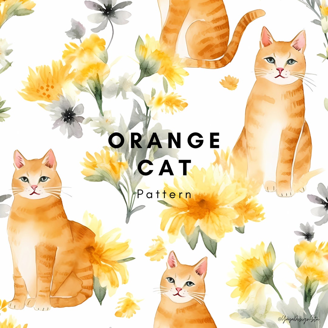Watercolor Orange Cats Seamless Pattern | Floral Cute Cats | PNG Format ...