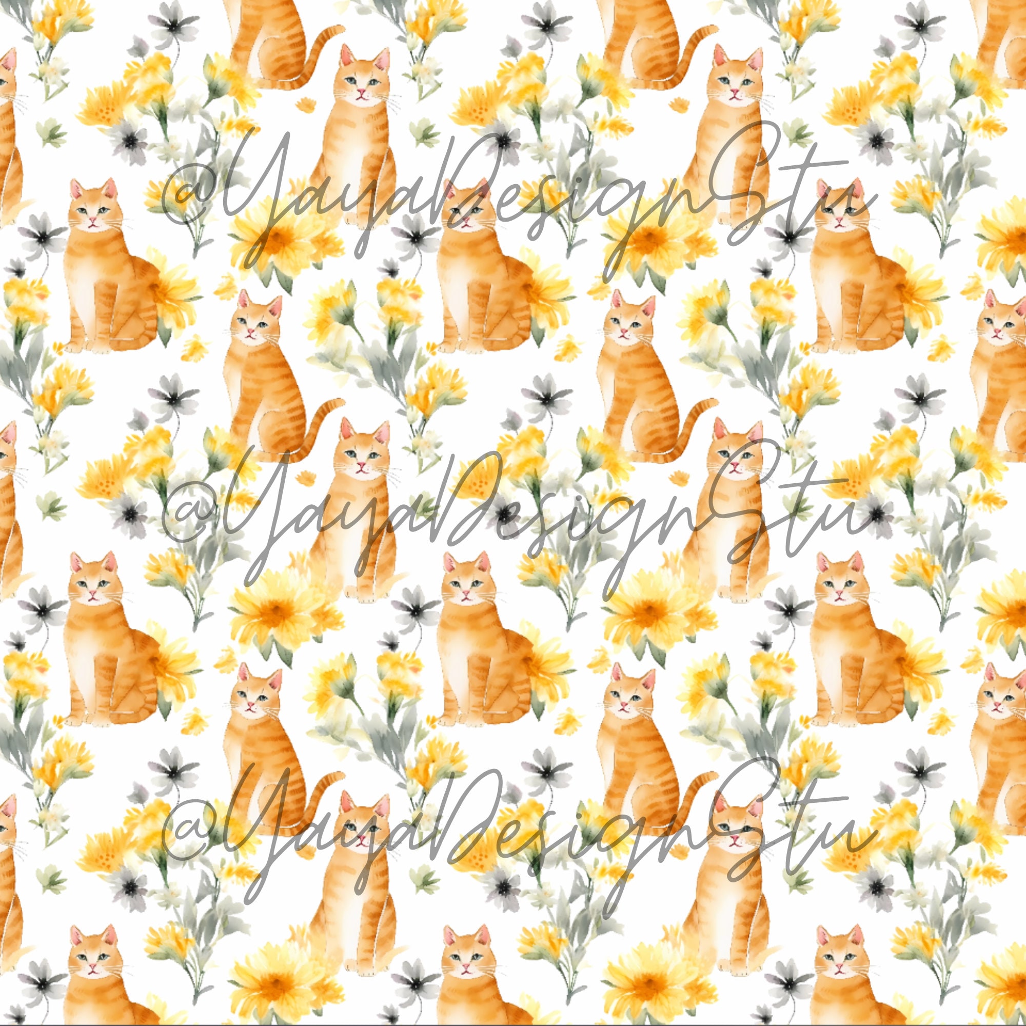 Watercolor Orange Cats Seamless Pattern Floral Cute Cats PNG Format ...