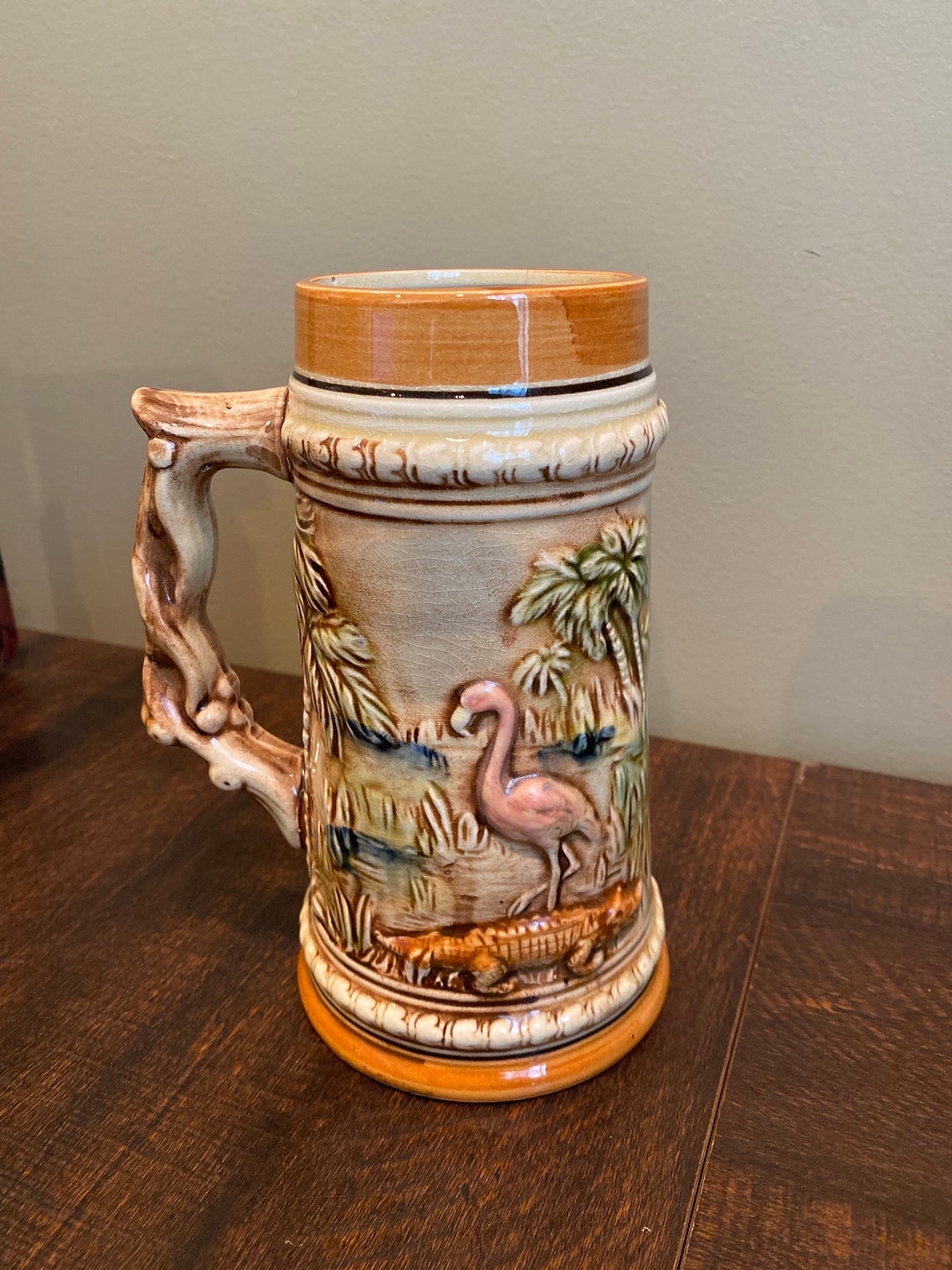 Vintage Florida Souvenir Ceramic Beer Stein 7" Flamingo Alligator Made ...