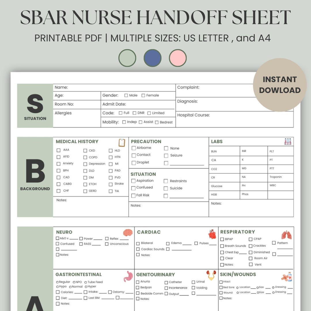 SBAR Nurse Handoff Sheet Printable – Nursing Shift Report Template PDF ...