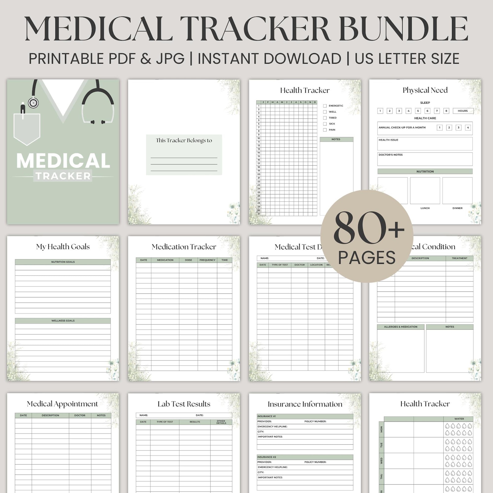 Medical Tracker Bundle, Medical Planner, Printable Sage Green ...