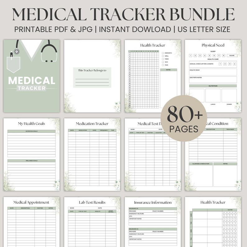Medical Tracker Bundle, Medical Planner, Printable Sage Green ...