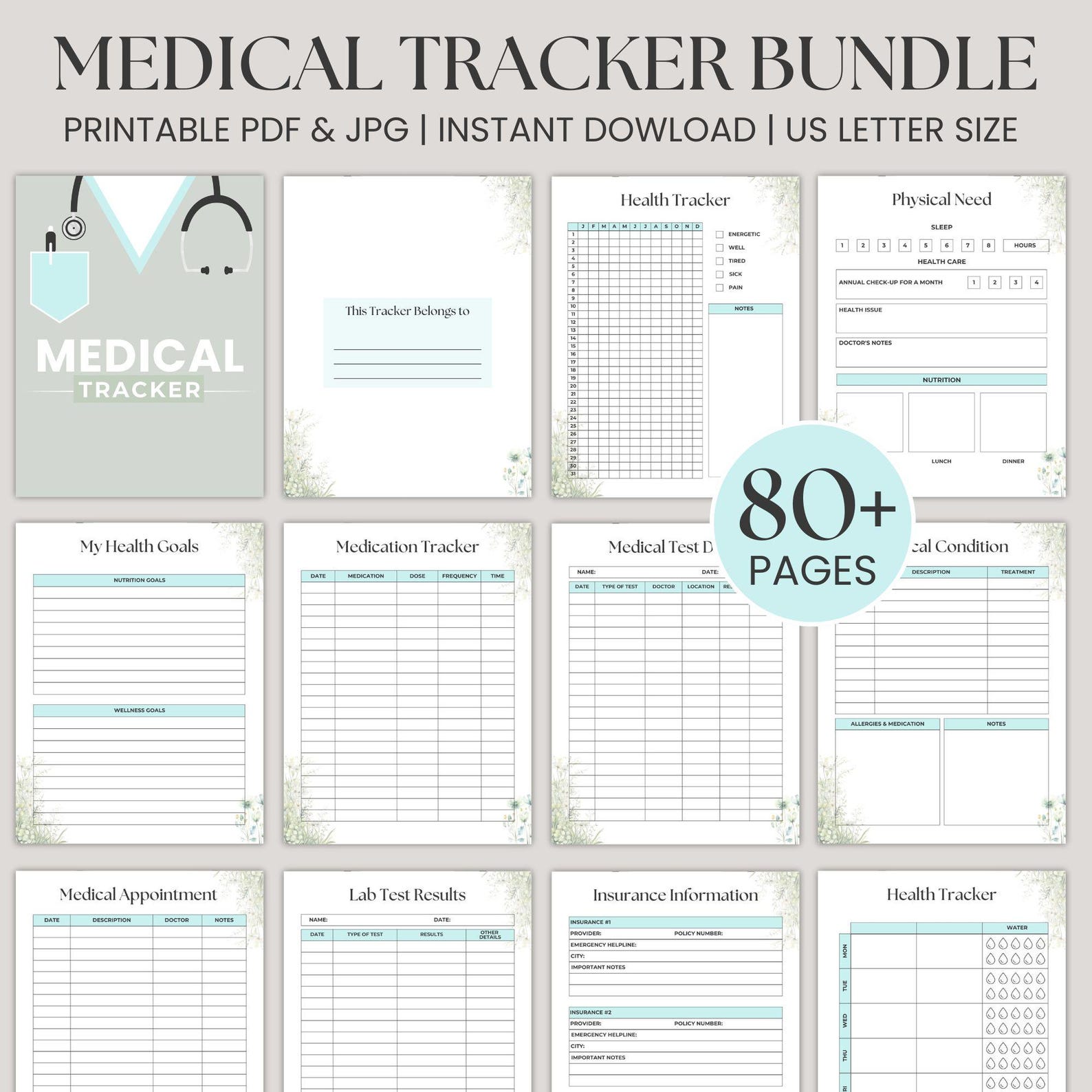 80+ Pages Printable Medical Tracker, Medical Planner Bundle, Light Blue ...