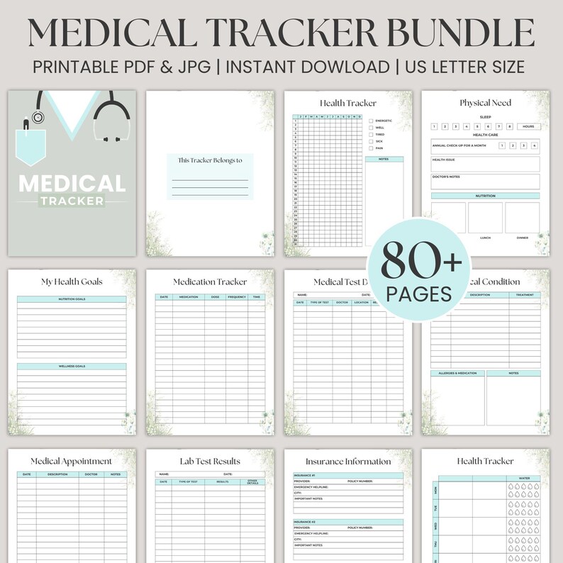 80+ Pages Printable Medical Tracker, Medical Planner Bundle, Light Blue ...