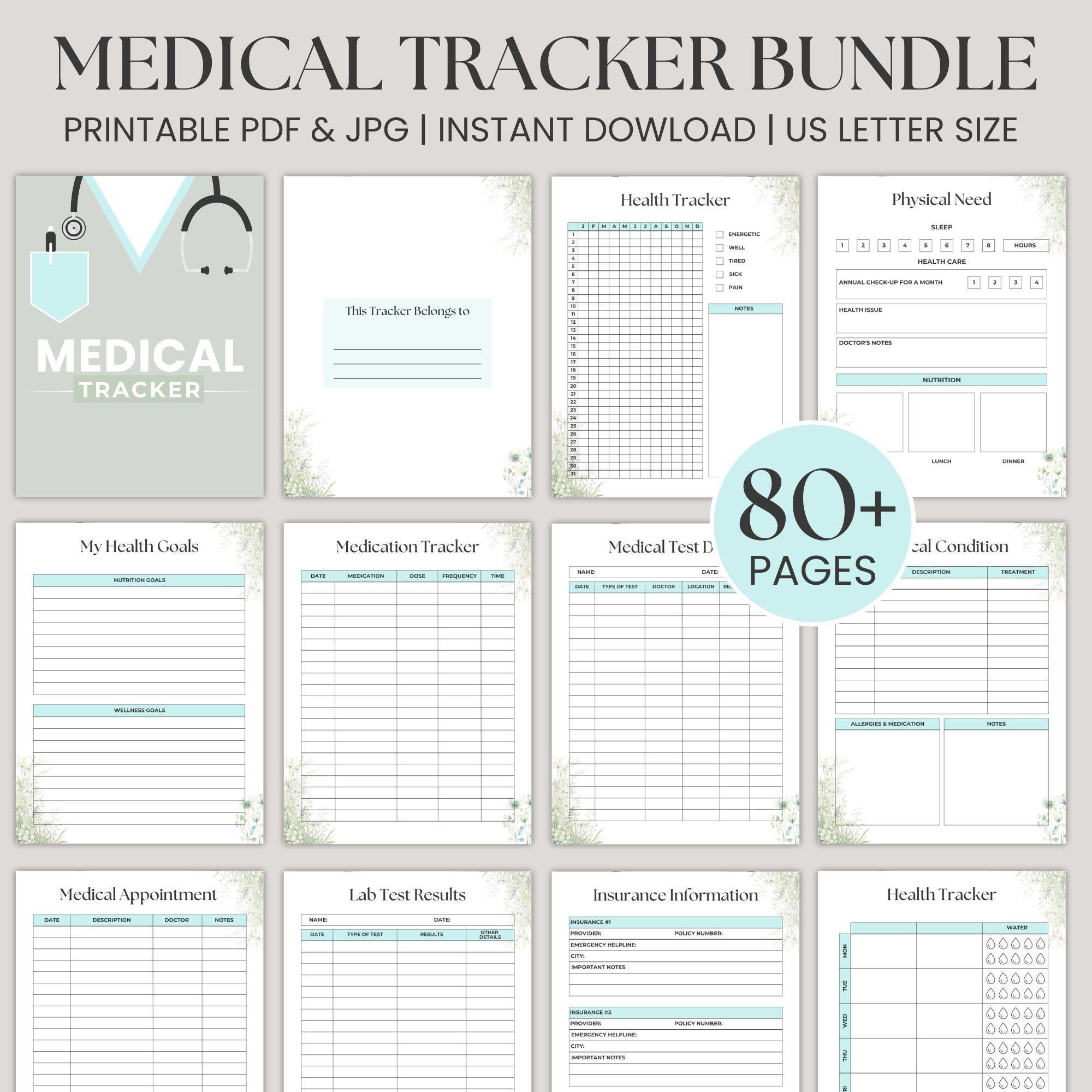 80+ Pages Printable Medical Tracker, Medical Planner Bundle, Light Blue ...