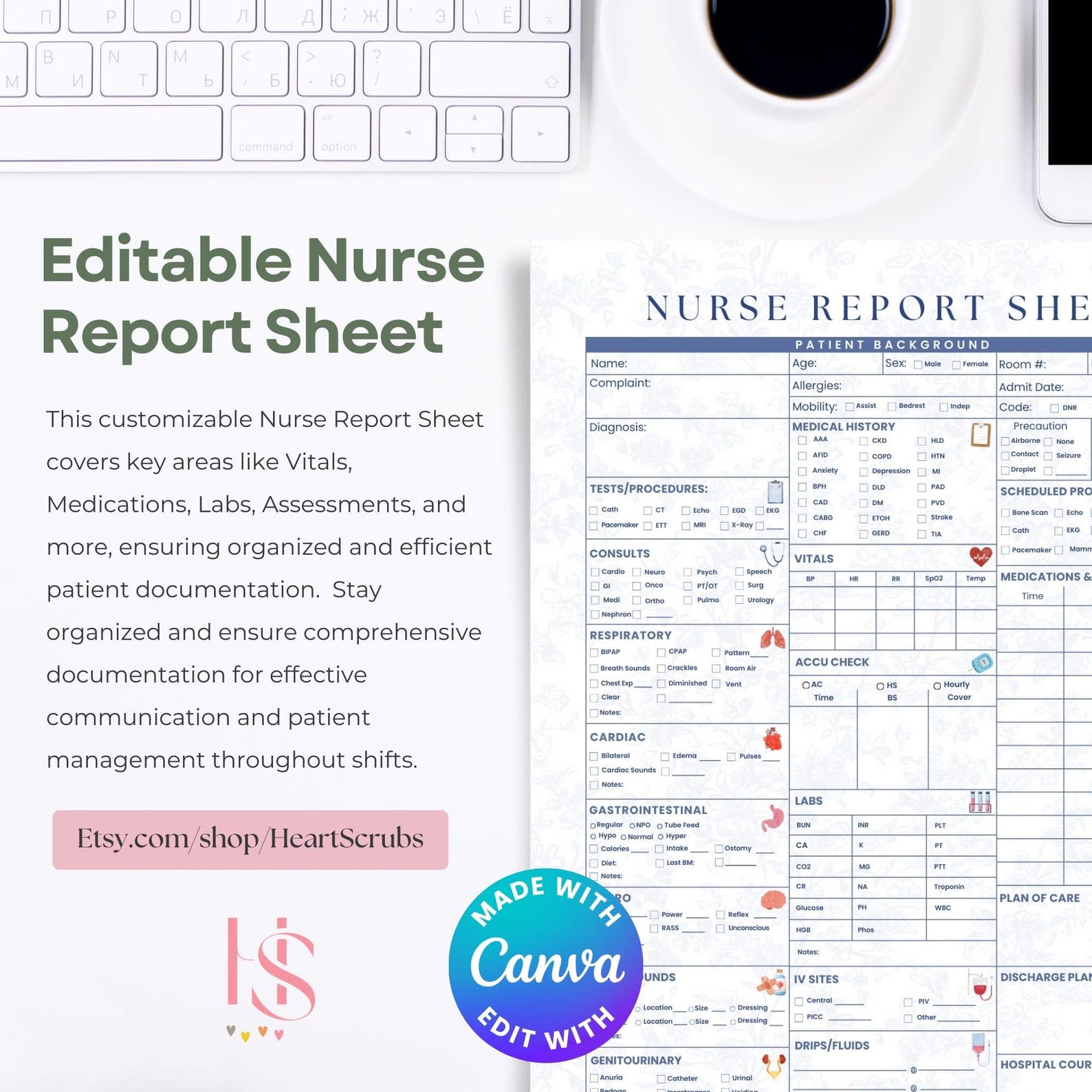 Editable Nurse Report Sheet, Nurse Brain Sheet, ICU Nursing Student ...