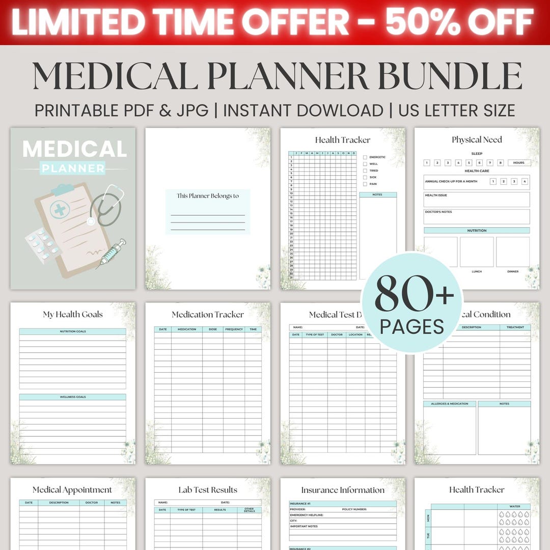 80+ Pages Medical Planner Printable Bundle, Medical Tracker, Light Blue ...