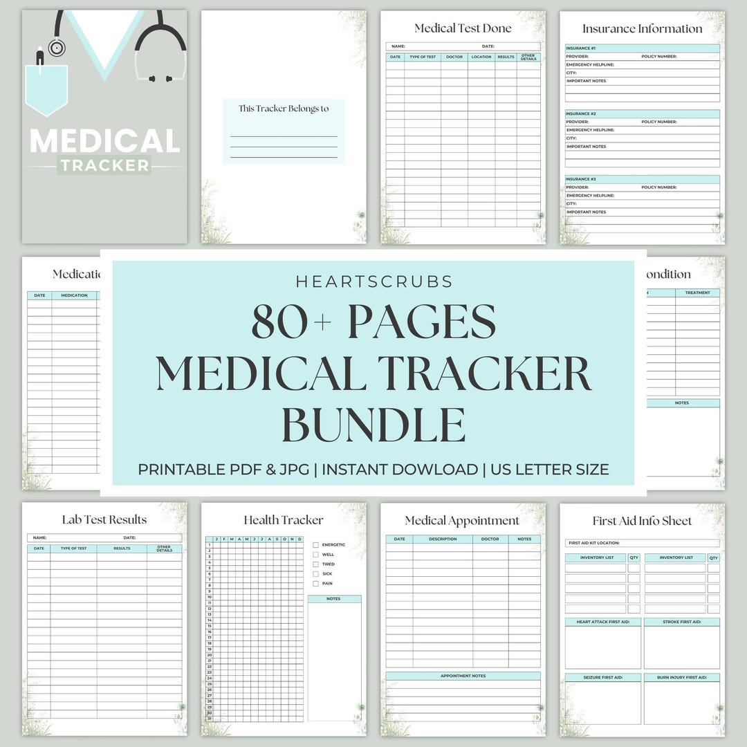 80+ Pages Printable Medical Tracker, Medical Planner Bundle, Light Blue ...
