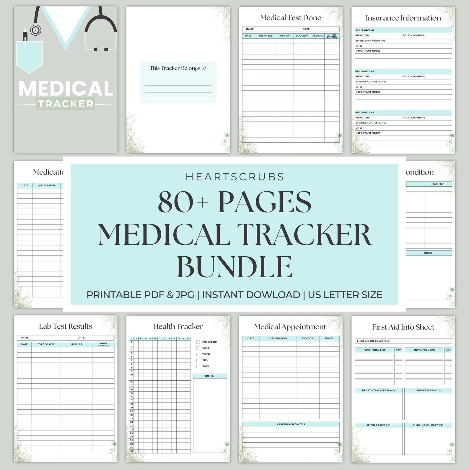 80+ Pages Printable Medical Tracker, Medical Planner Bundle, Light Blue ...