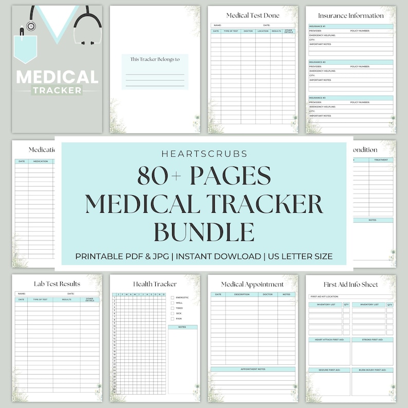 80+ Pages Printable Medical Tracker, Medical Planner Bundle, Light Blue ...